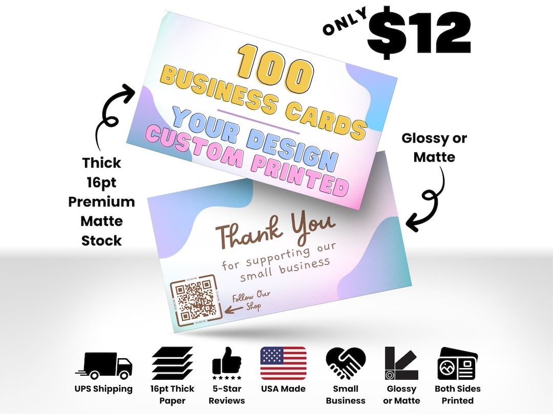 100 Business Cards Printed Thick 16pt Full Color Both Sides Glossy or ...