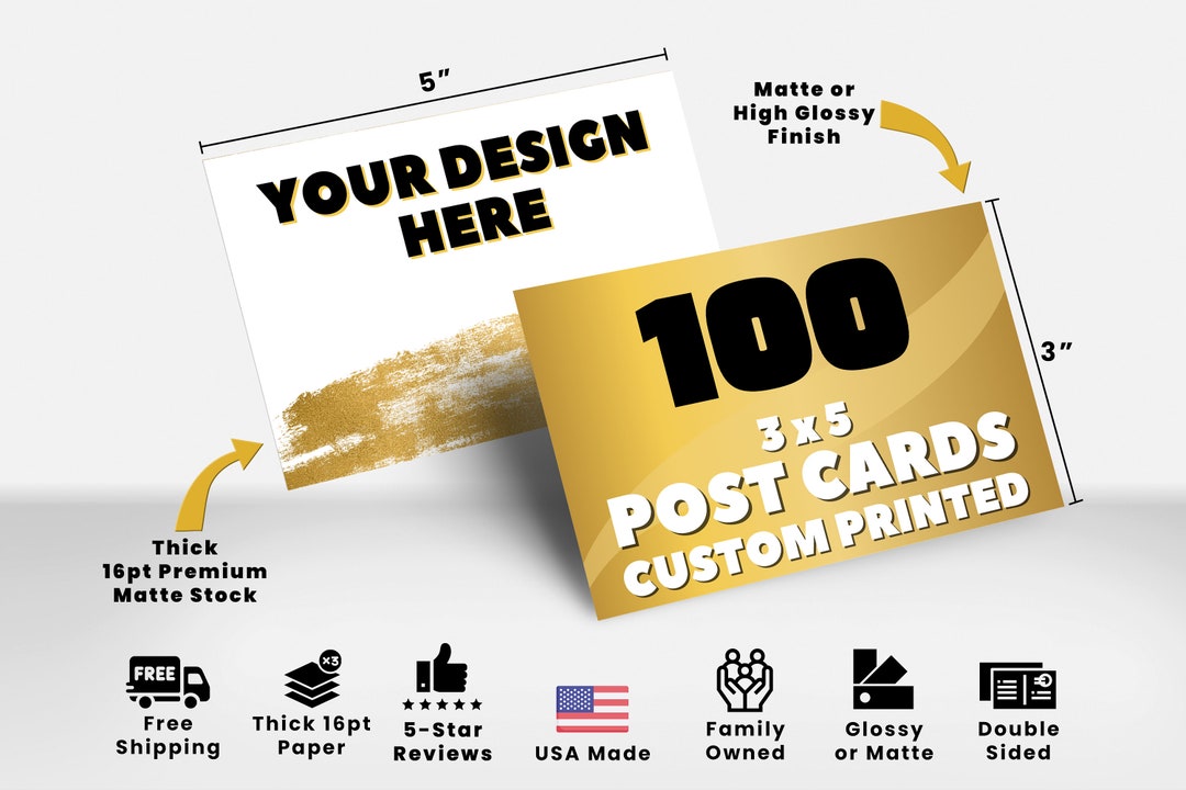 100 3" X 5" Printed Postcards|thick 16pt Custom Postcards|full Color Both Sides|glossy Coated or ...
