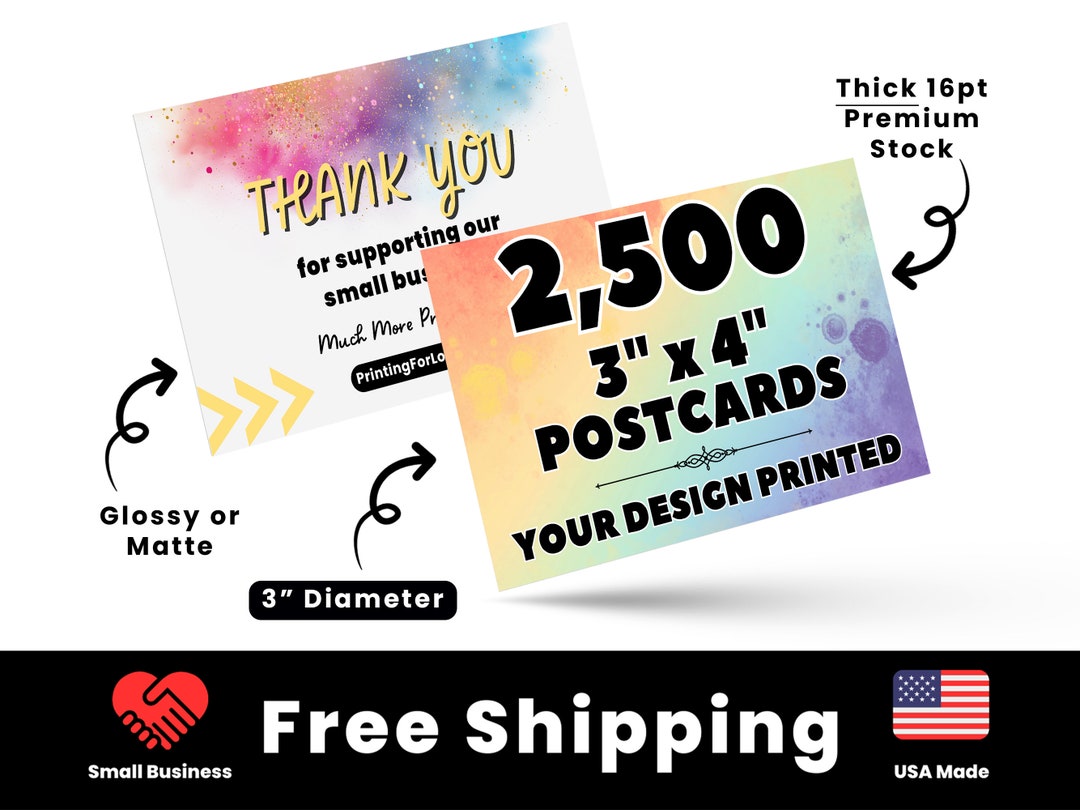 2500 3" X 4" Printed Postcards, 16pt Thick Custom Postcards Printed ...