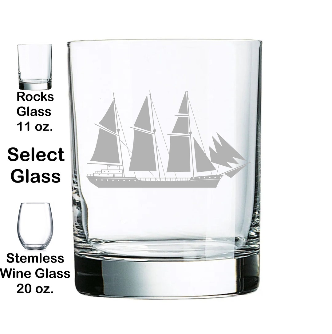 NAUTICAL Sail Ship ENGRAVED on Rocks Whiskey or Stemless Wine Glass ...