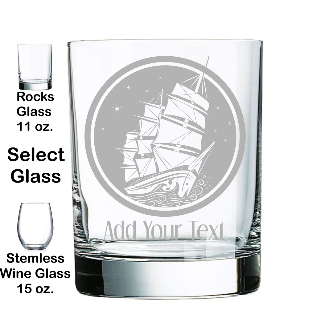 NAUTICAL Sail Ship ENGRAVED on Rocks Whiskey or Stemless Wine Glass ...