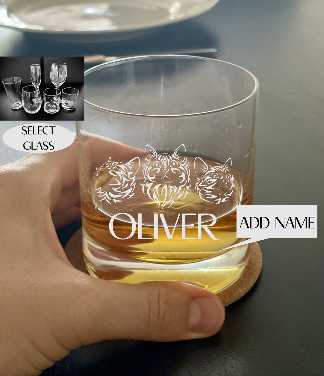 THREE CATS Image and Name ENGRAVED on Glassware of Your Choice, Cat ...