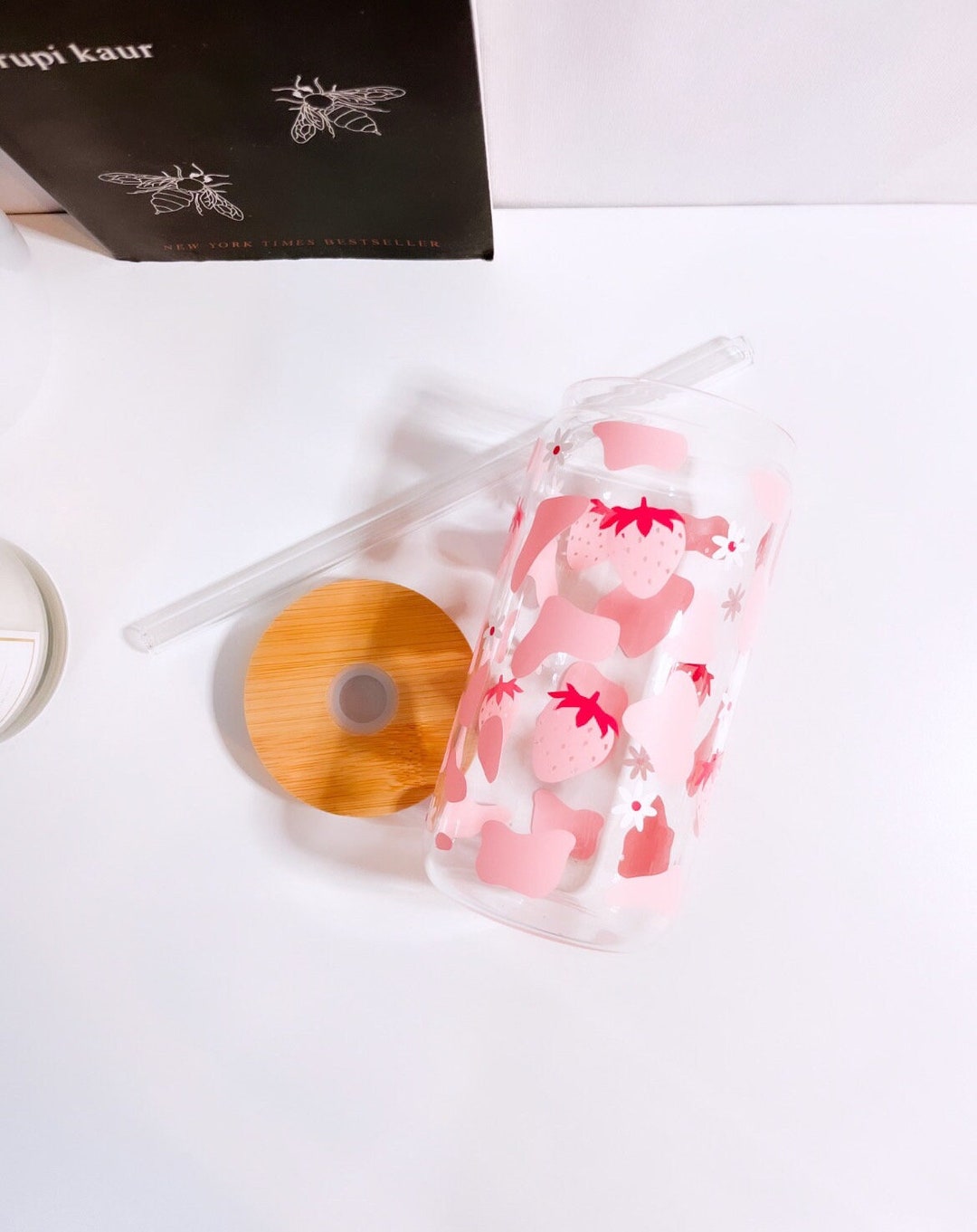 Pink Strawberry Cow Print Glass Cup With Bamboo Lid and Glass Straw - Etsy