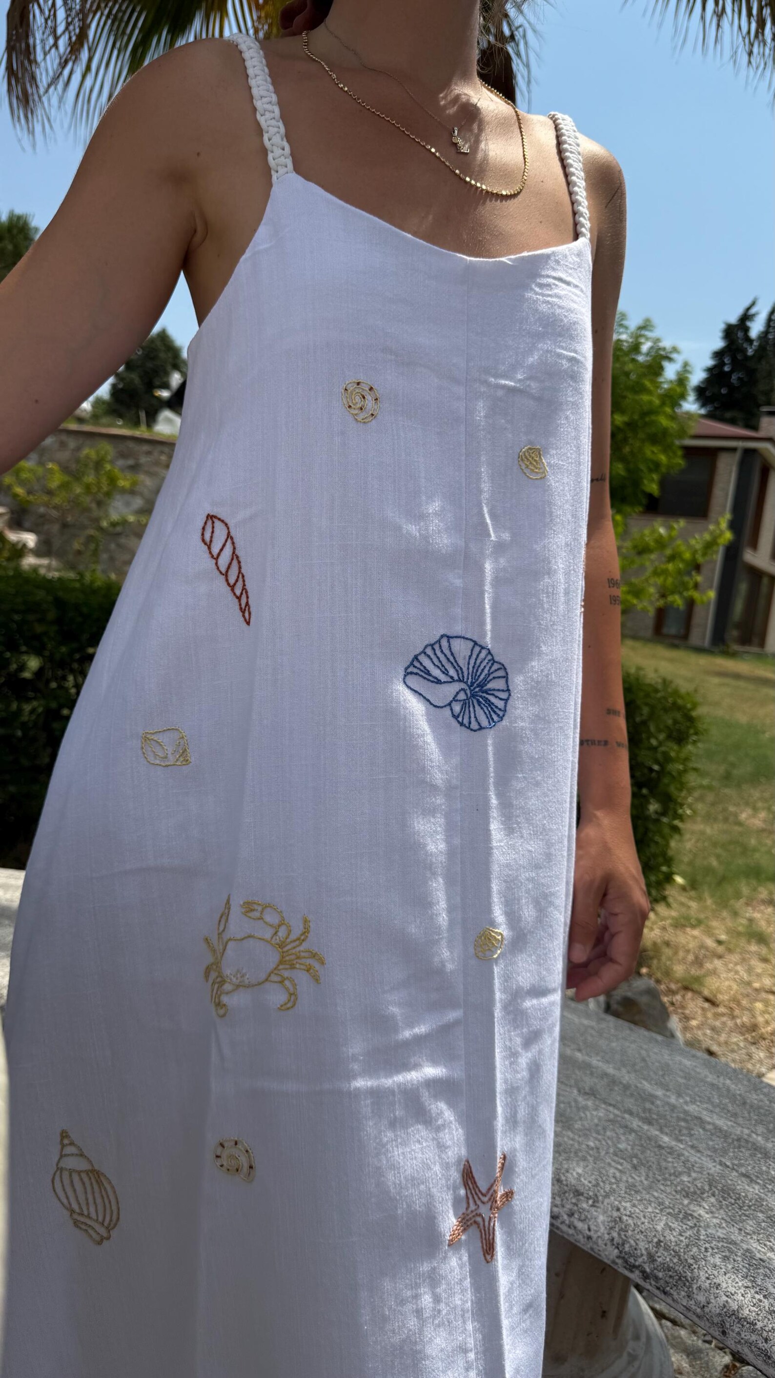 White Linen Dress With Seashell Embroidery – Coastal Boho Summer Dress ...