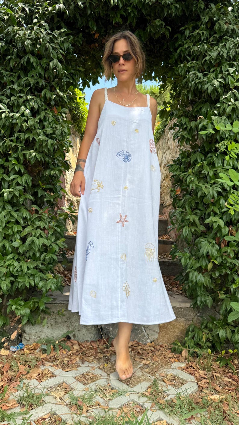 White Linen Dress With Seashell Embroidery – Coastal Boho Summer Dress ...