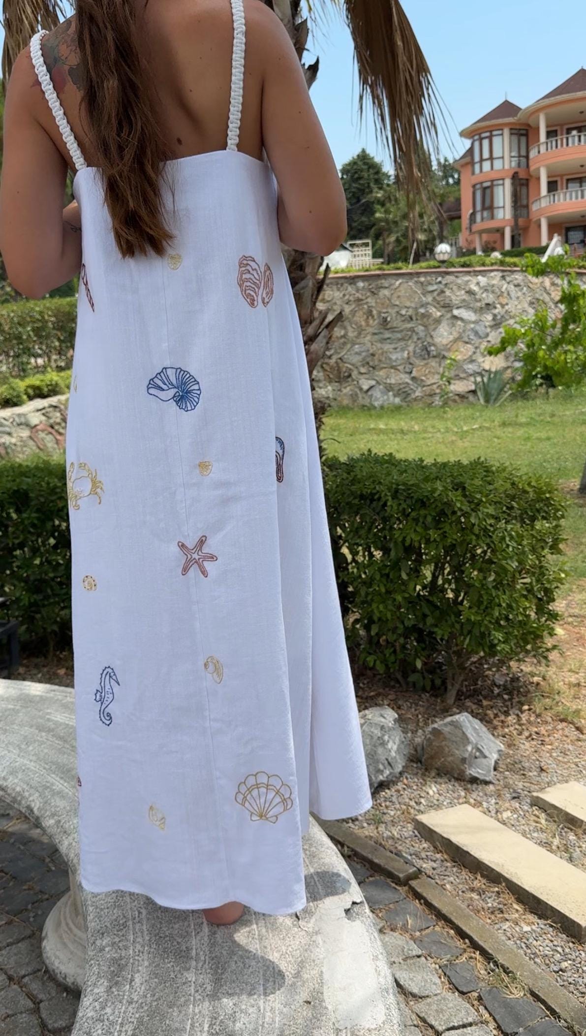 White Linen Dress With Seashell Embroidery – Coastal Boho Summer Dress ...
