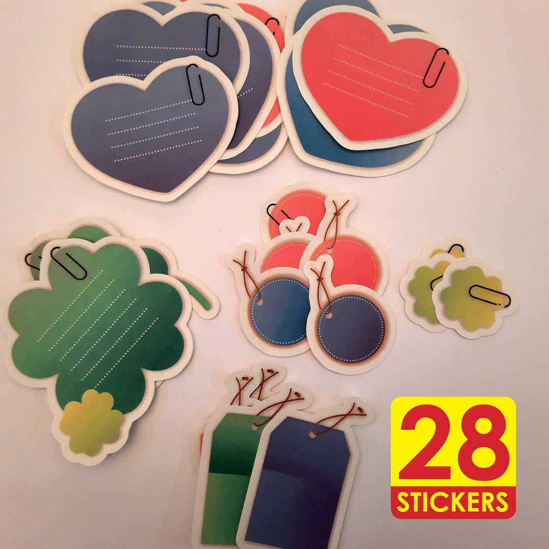 28-piece Heart, Clover, Round Label Stickers Set With Paper Clips ...