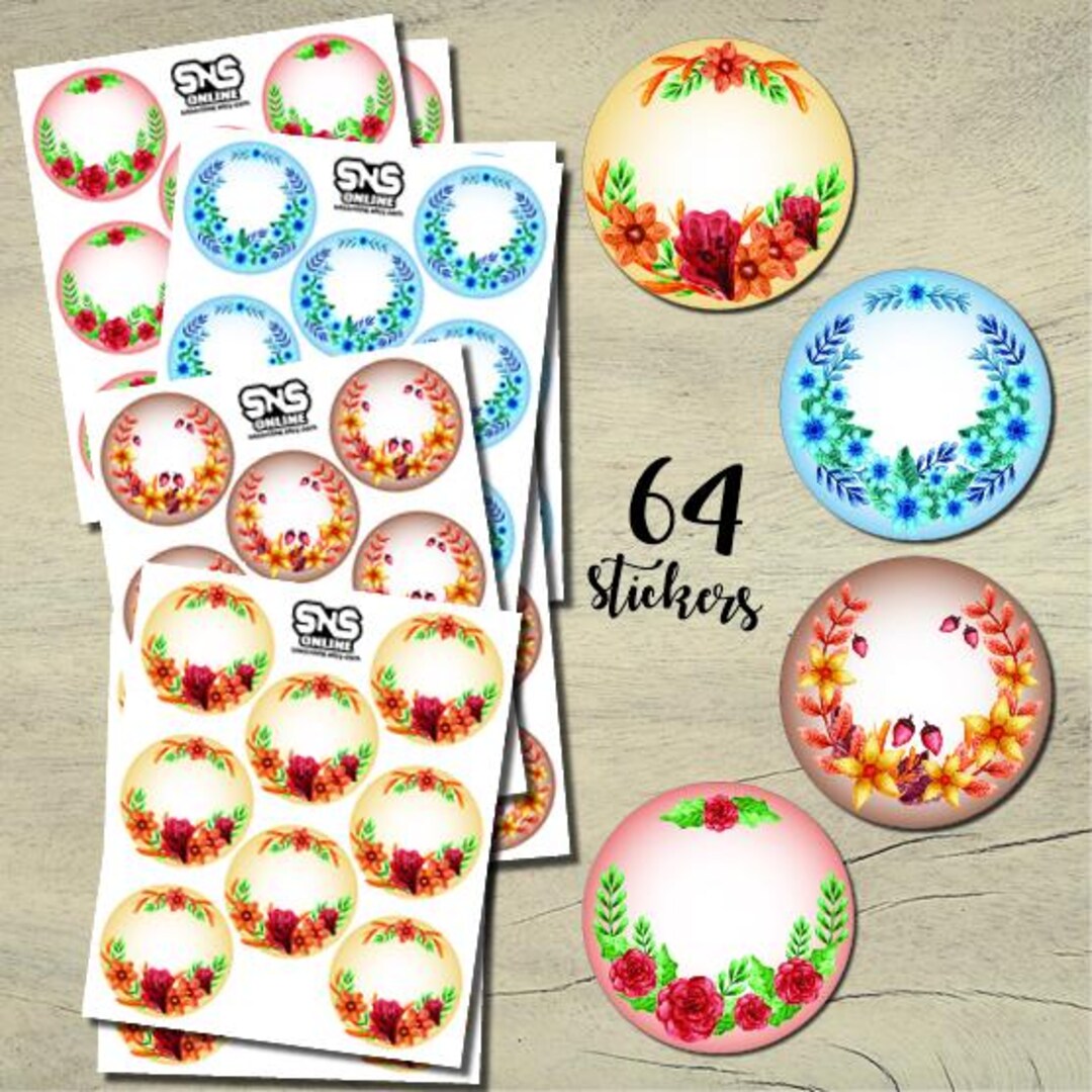 64 Floral Wreath Blank Sticker Labels – Vintage Round Colorful Flower ...