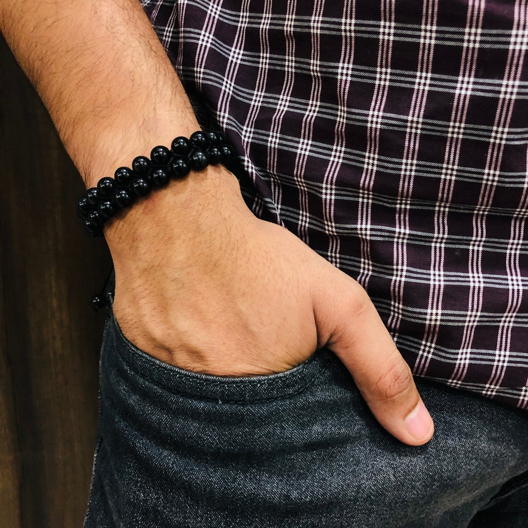 Black Onyx Crystal Bracelet: Double Strand Gemstone Bead, Adjustable ...