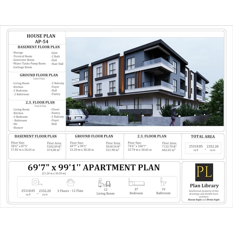 3-story Apartment Plan: 12 Flats, Modern Residence (PDF & CAD Files) - Etsy