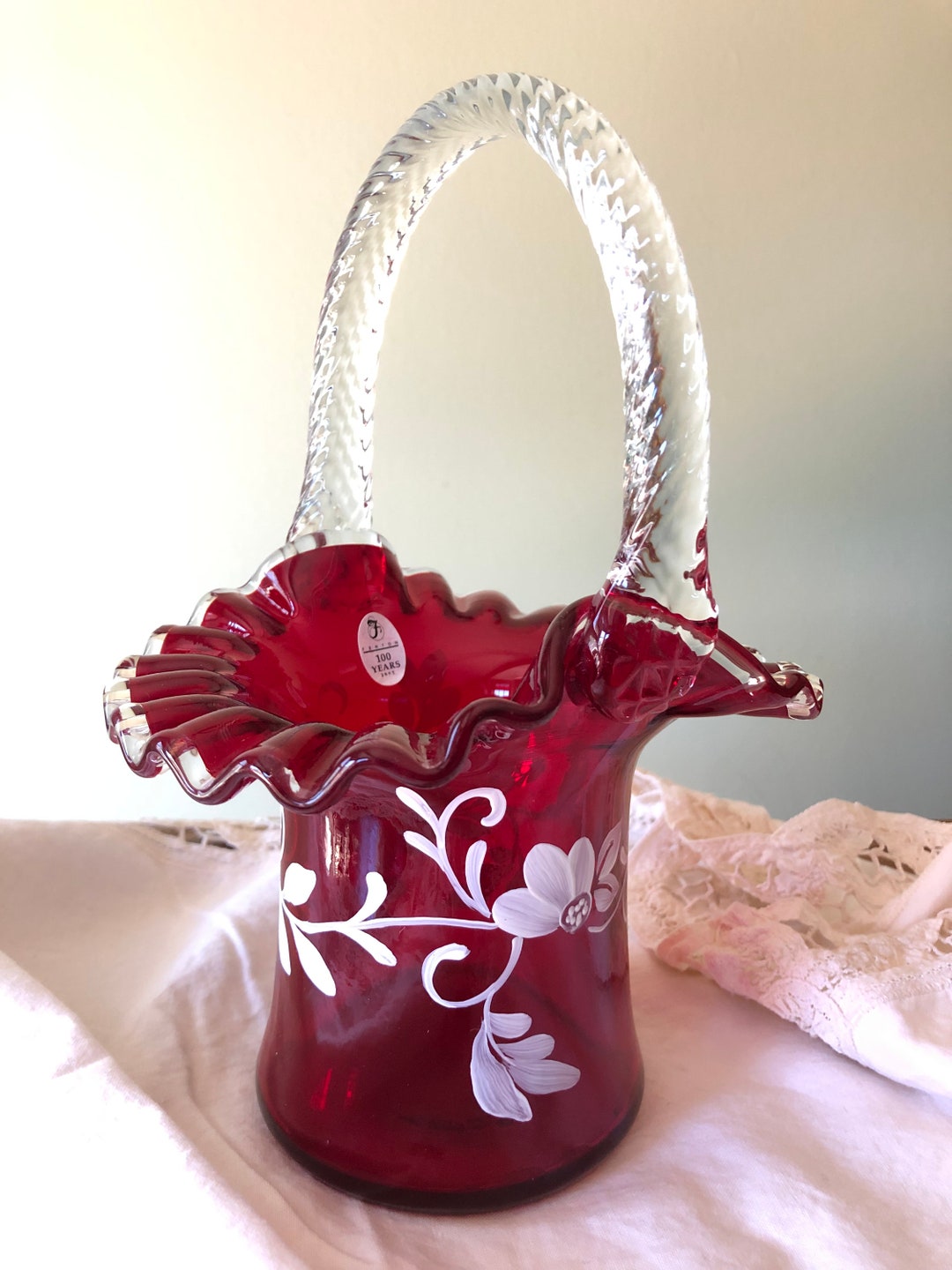 Fenton Ruby Red Hand Painted Art Glass Hat Basket Museum Collection - Etsy