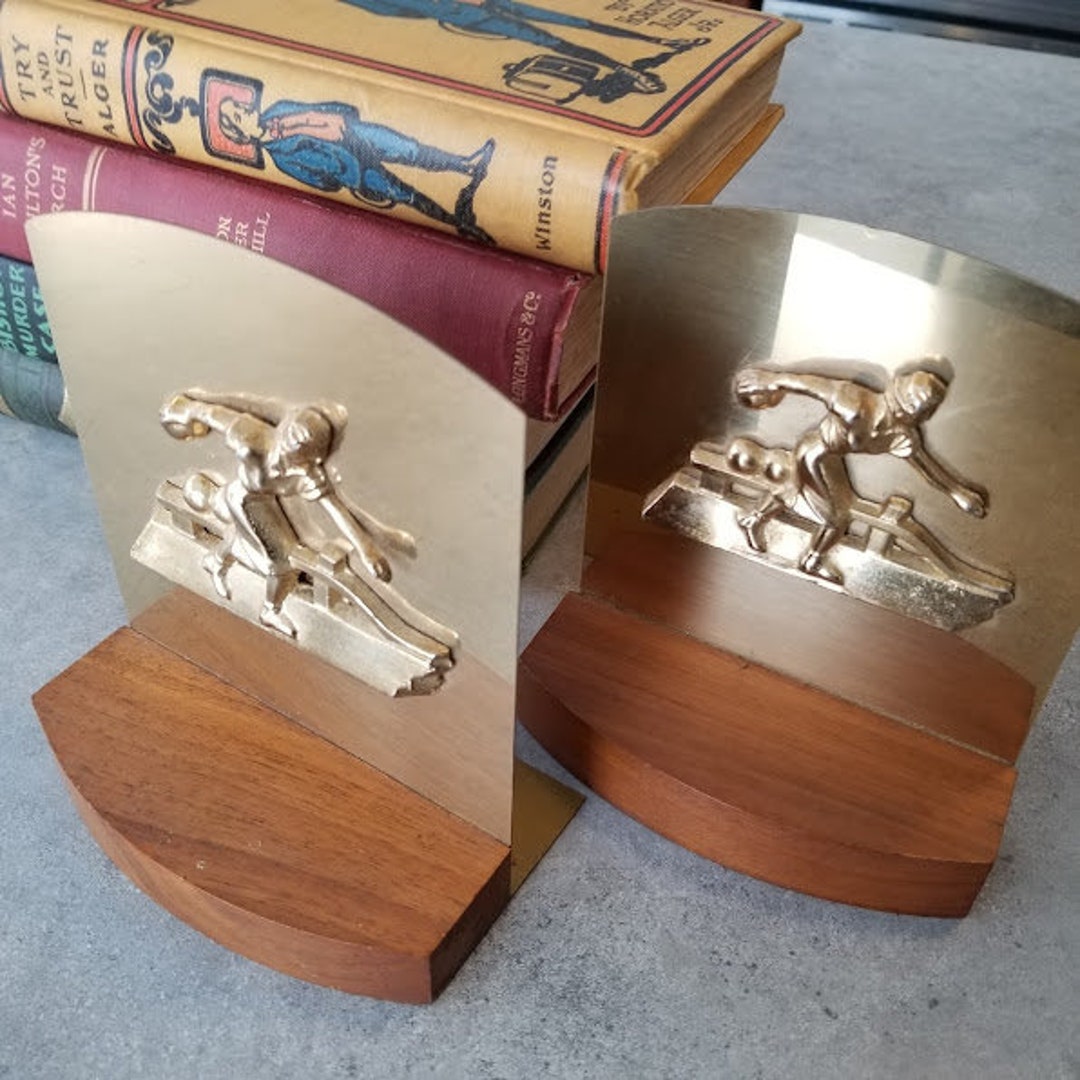 Pair of Brass Bookends With Solid Brass Cast Figures of Lady Bowling ...