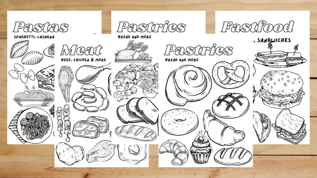 Set of 10 Food Coloring Pages, Cute and Fun Coloring Pages, Adult and ...