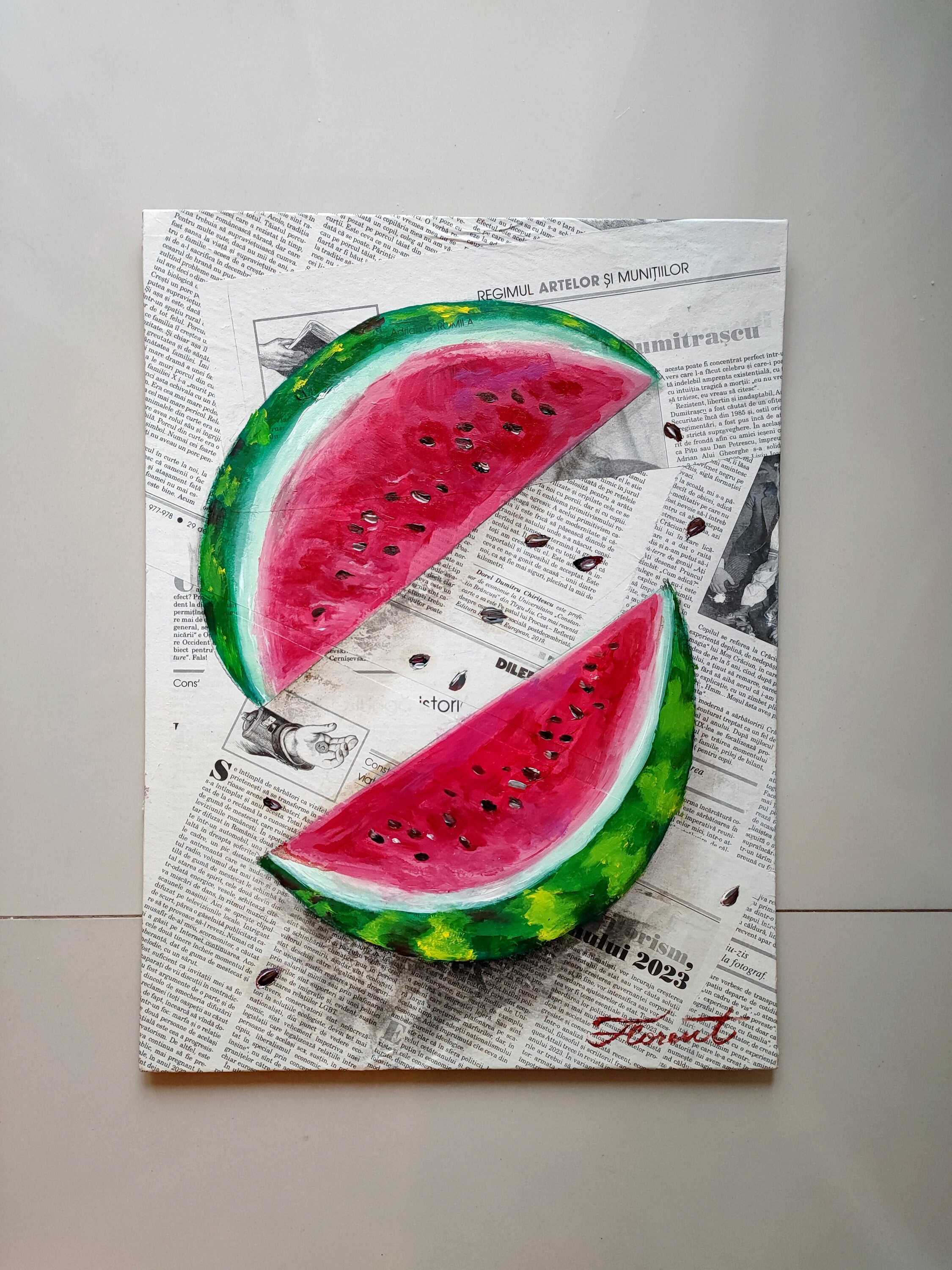 Watermelon Paintings on Newspaper Original Art, Watermelon Painting ...
