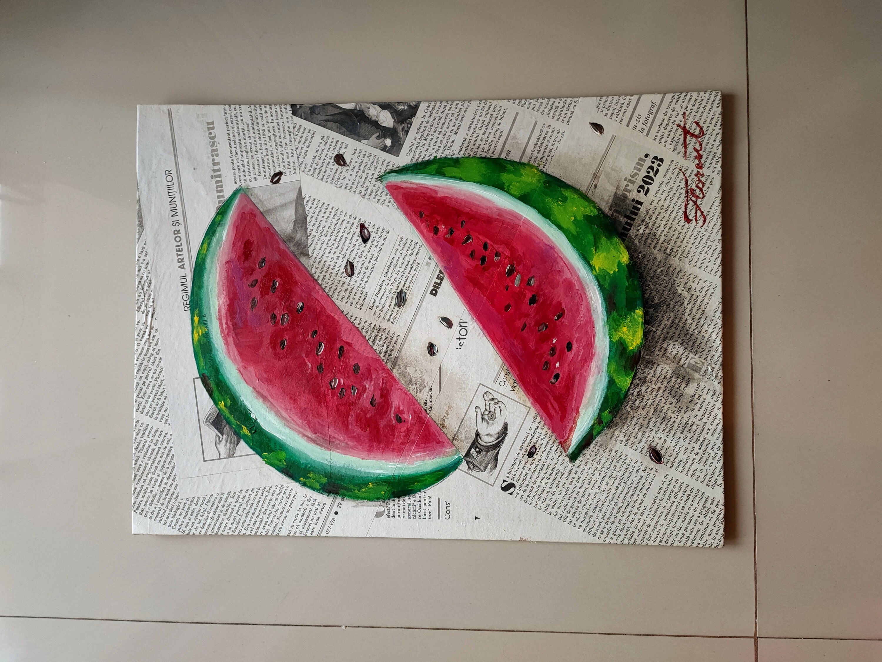 Watermelon Paintings on Newspaper Original Art, Watermelon Painting ...