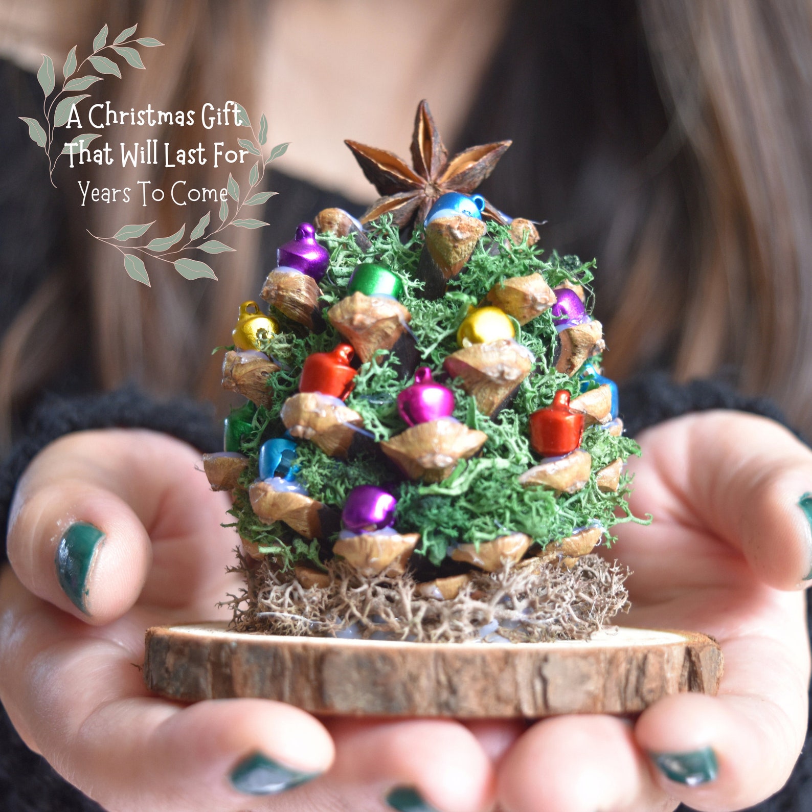Mini Pinecone Christmas Tree With Jingle Bells, Table Shelf Green Xmas ...