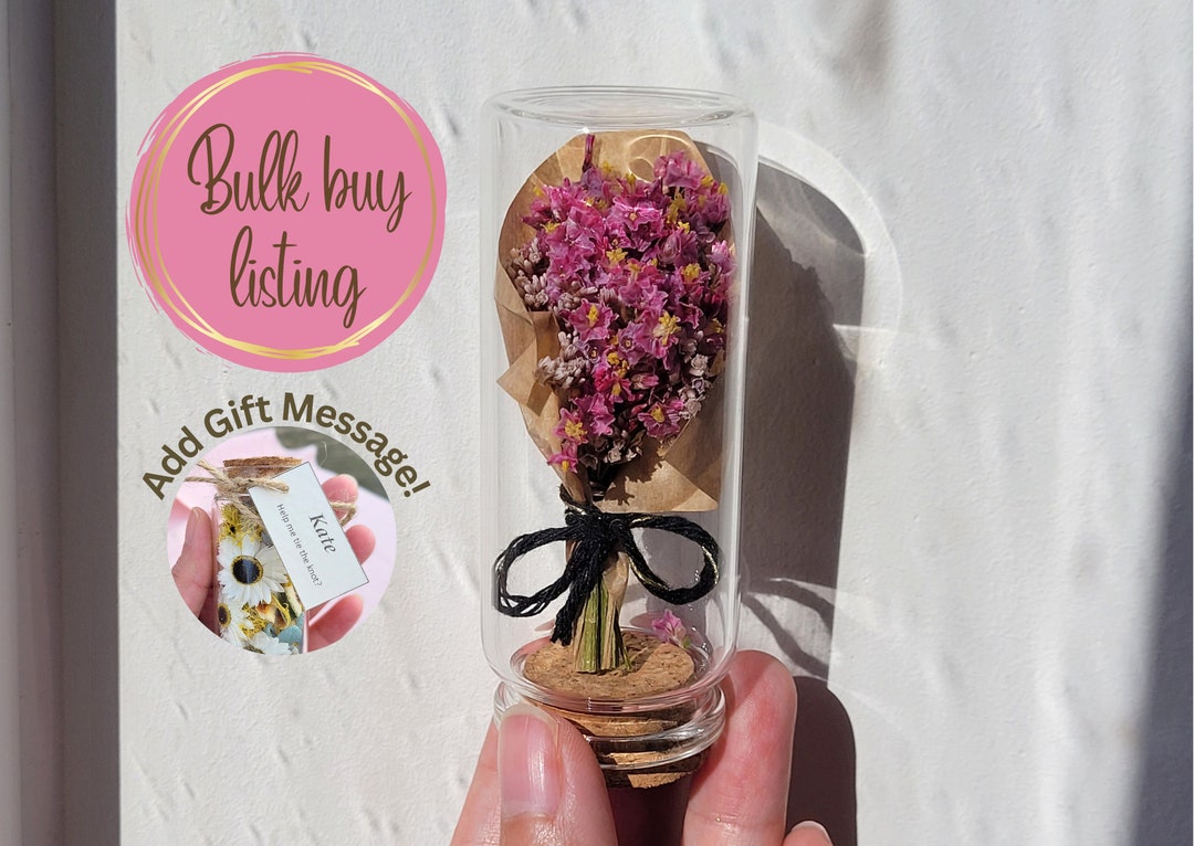 BULK 10x Pink Bouquet in Glass Bottle With Gift Message, Wedding Guest ...