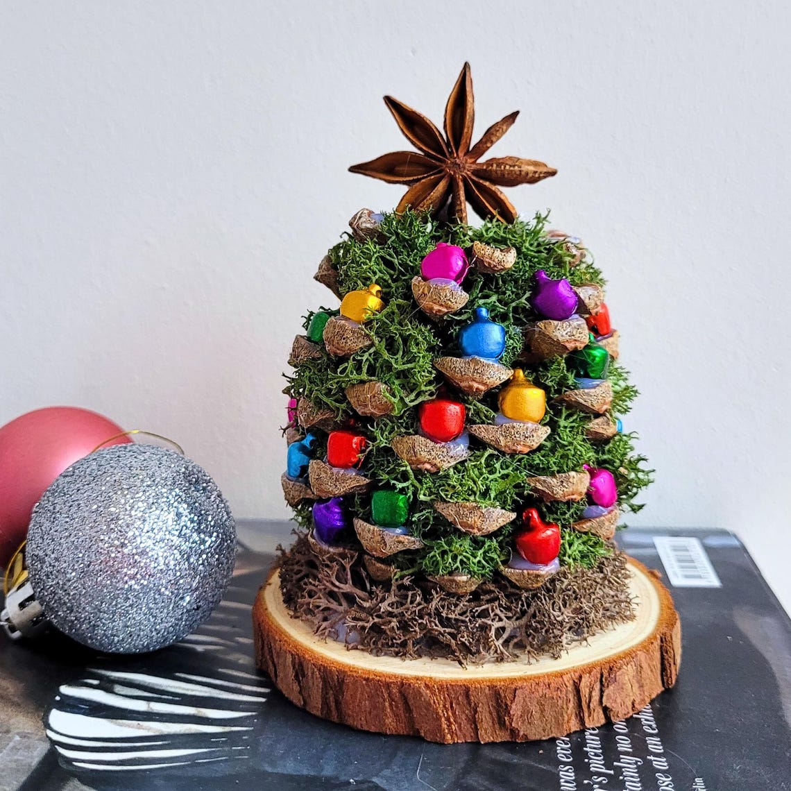 Mini Pinecone Christmas Tree With Jingle Bells, Table Shelf Green Xmas ...