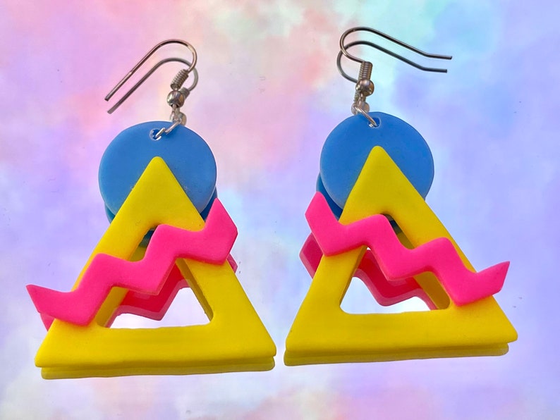 80s Style Earrings pink Yellow & Blue - Etsy