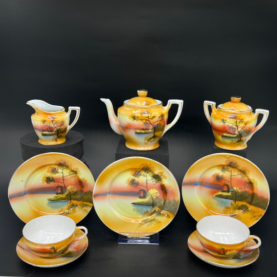 Vintage Mini Tea Set - Sunset/windmill/lake/tree - 10 Piece Set ...