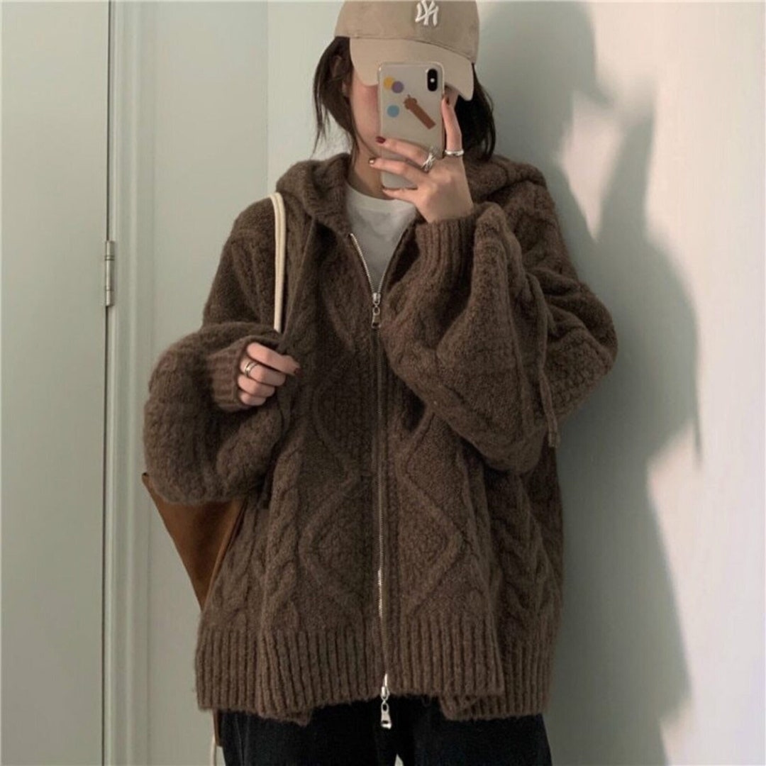 Minimalistic Knitted Cardigan, Women Autumn Winter Oversize Knitted Cardigan Casual 2021 Hooded ...