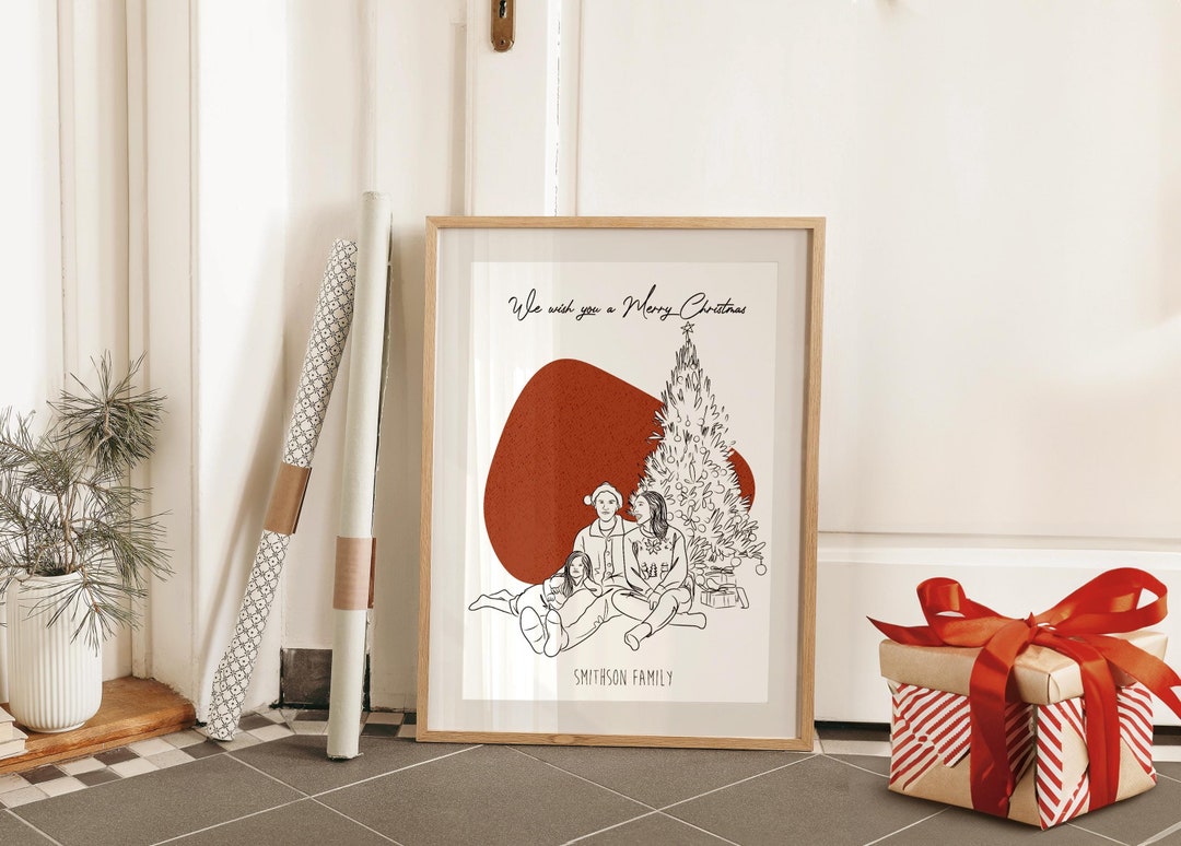 Custom Christmas Family Portrait Line Art Drawing, Personalized ...