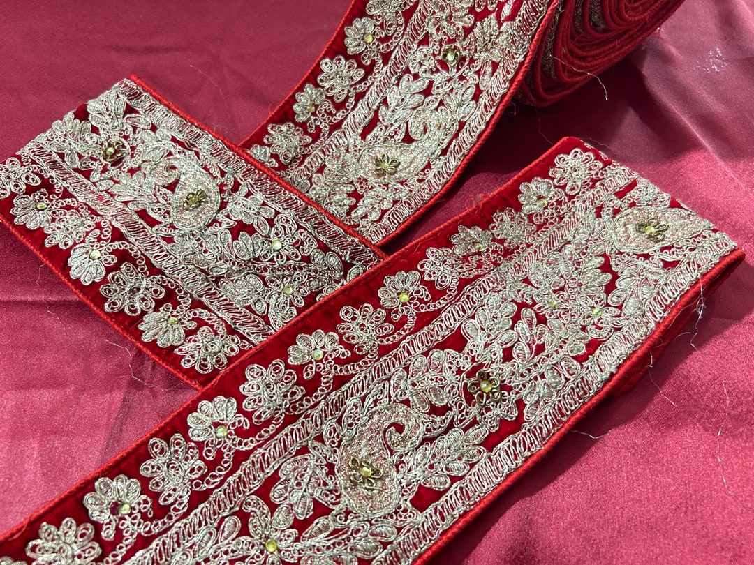 Vintage Velvet Saree Border: Embroidered Sari Trim, DIY Costume Ribbon ...