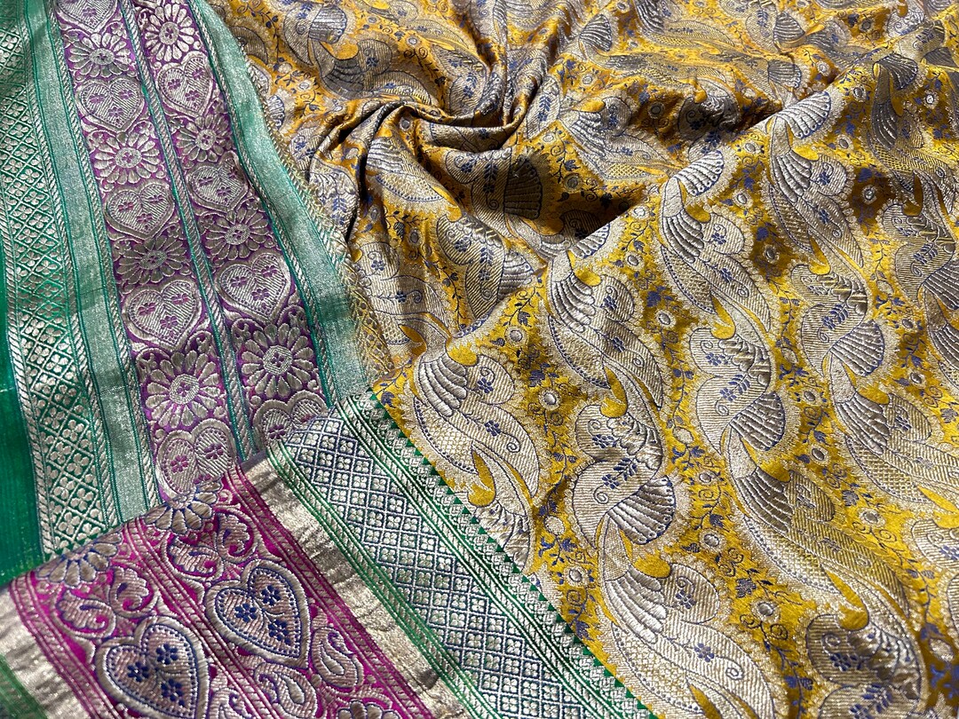 Antique Brocade Saree 100% Pure Satin Silk Banarasi Brocade Indian ...