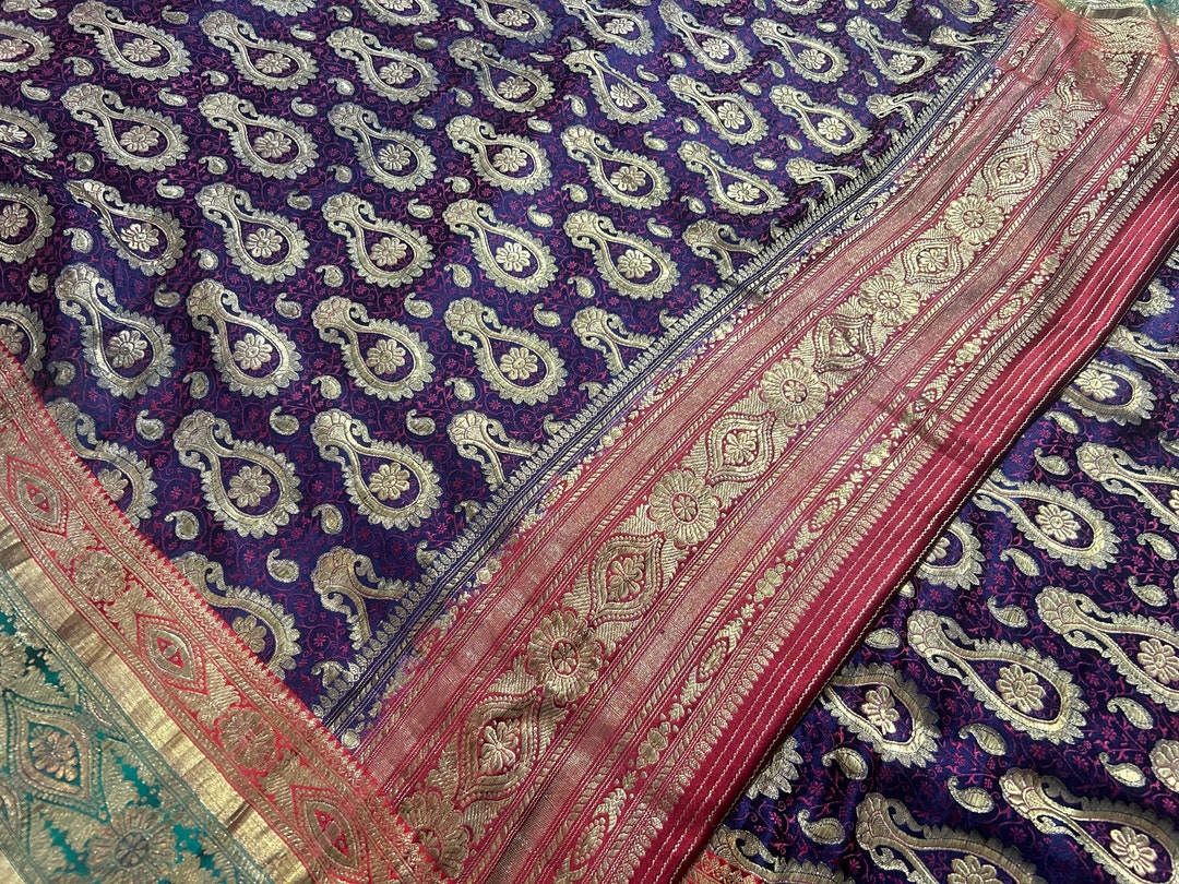 Vintage Brocade Saree 100% Pure Satin Silk Banarasi Brocade Indian ...