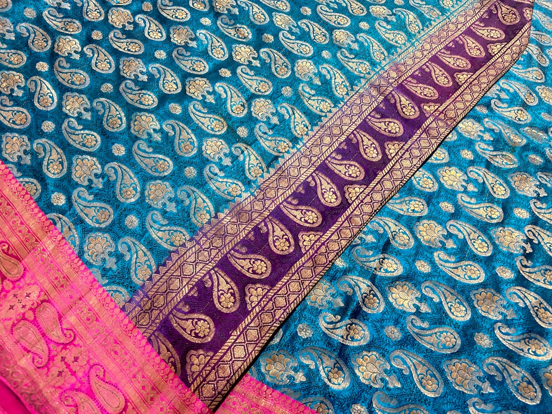 Vintage Brocade Saree 100% Pure Satin Silk Banarasi Brocade Indian ...
