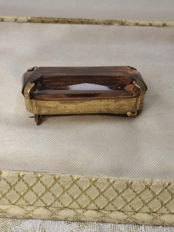 Antique Brooch Topaz Glass Orange Glass Rhinestone Br… - Gem