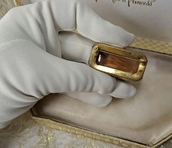 Antique Brooch Topaz Glass Orange Glass Rhinestone Br… - Gem