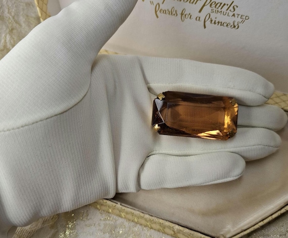 Antique Brooch Topaz Glass Orange Glass Rhinestone Br… - Gem