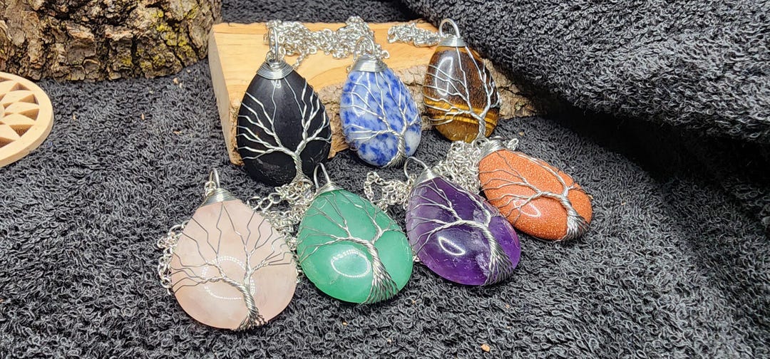 Handcrafted Teardrop Tree of Life Gemstone Pendant Necklace - Unique ...