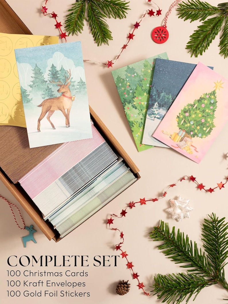 Set of 100 Christmas Cards With Envelopes, Enchanting Winter Holiday ...