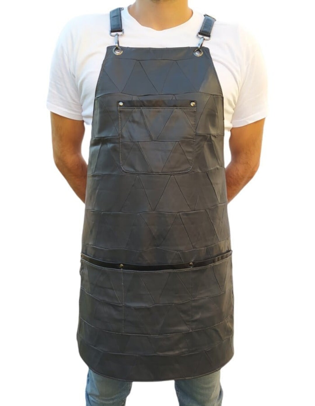 Leather Apron. Dark Gray Leather Patchwork Apron With Leather Pockets ...