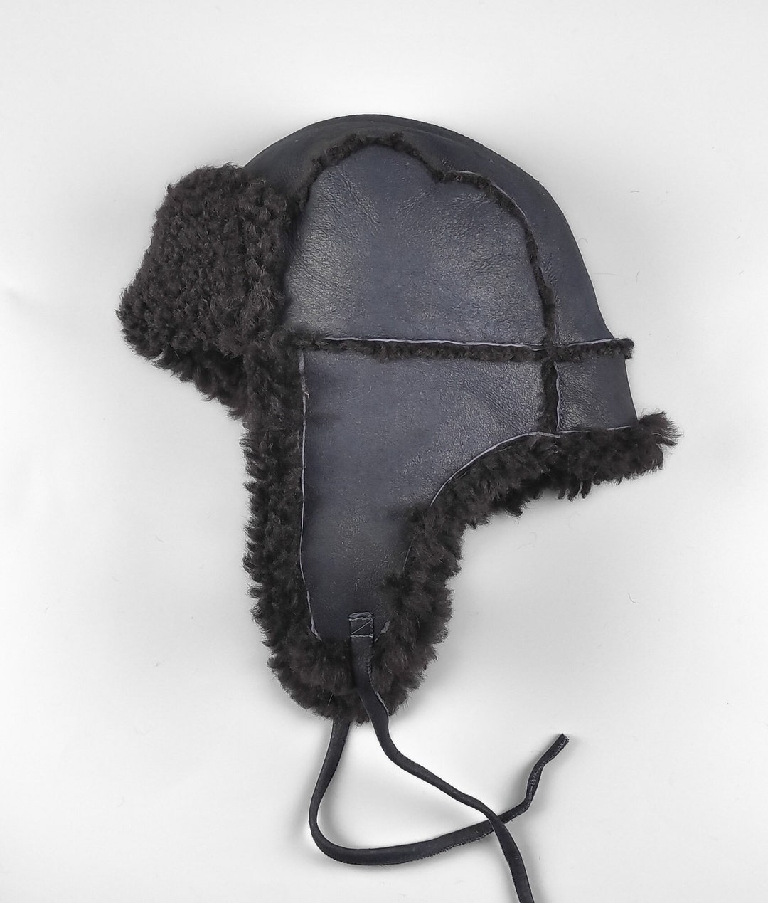 Blue Sheepskin Aviator Hat, Trapper Hat, Unisex Hat. Hat With Earflaps ...