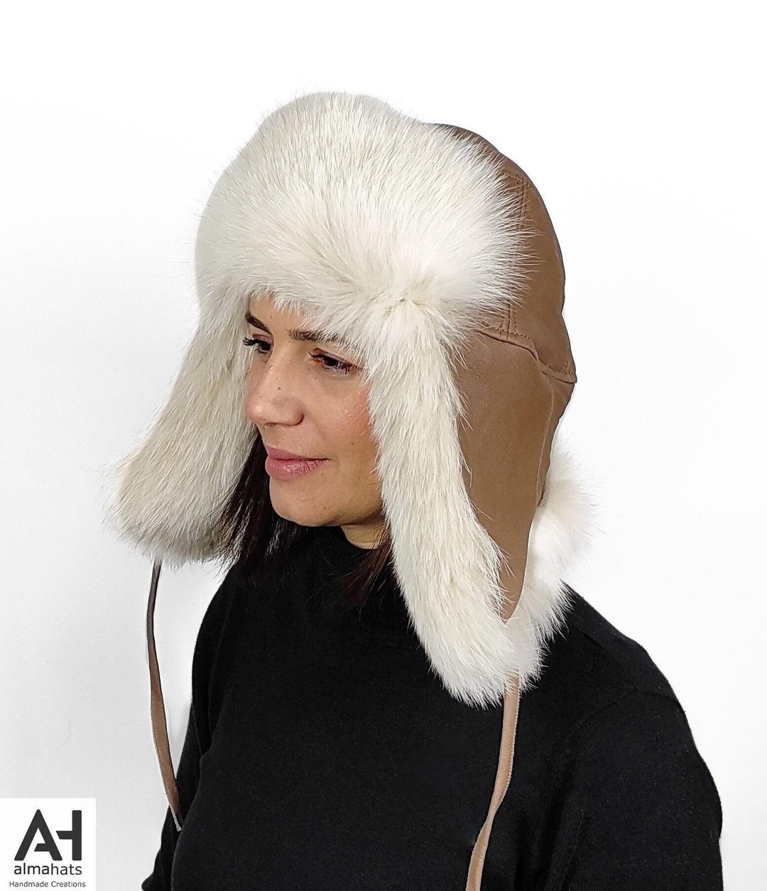 Handmade Beige Fox Fur Trapper Hat, Sheepskin Lined - Etsy
