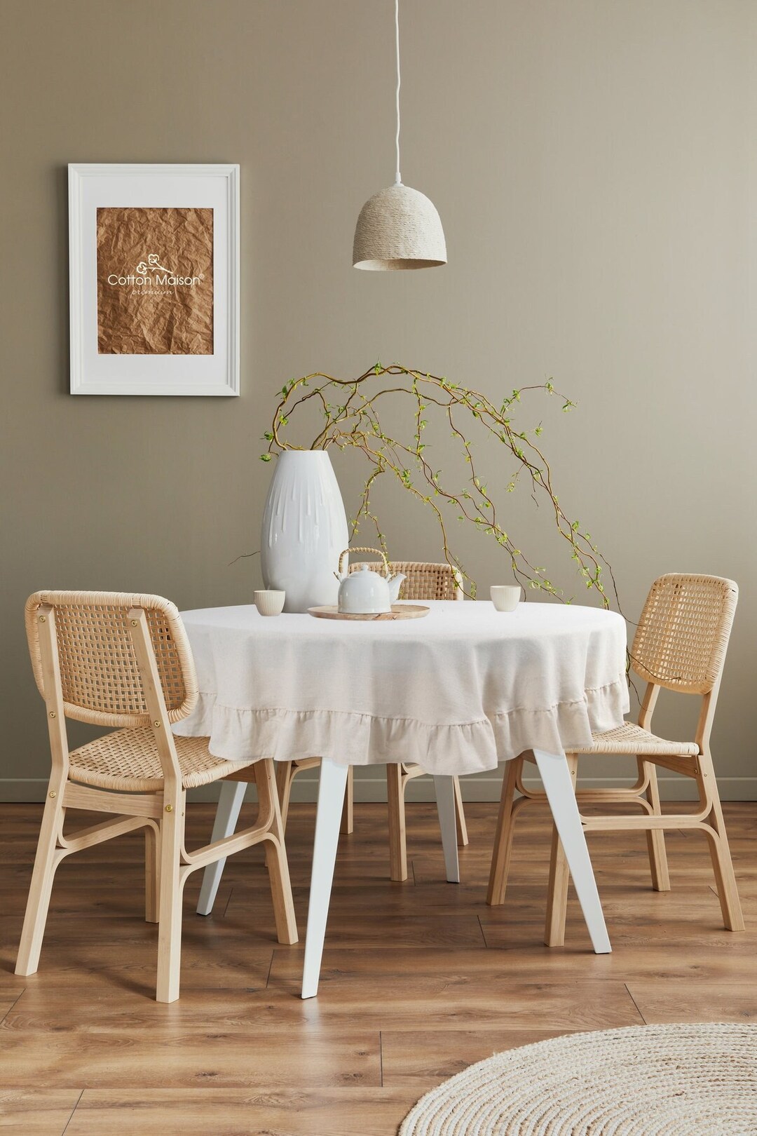 Natural Ruffle Round Tablecloth With Ruffle Detail, Boho Table Decor ...