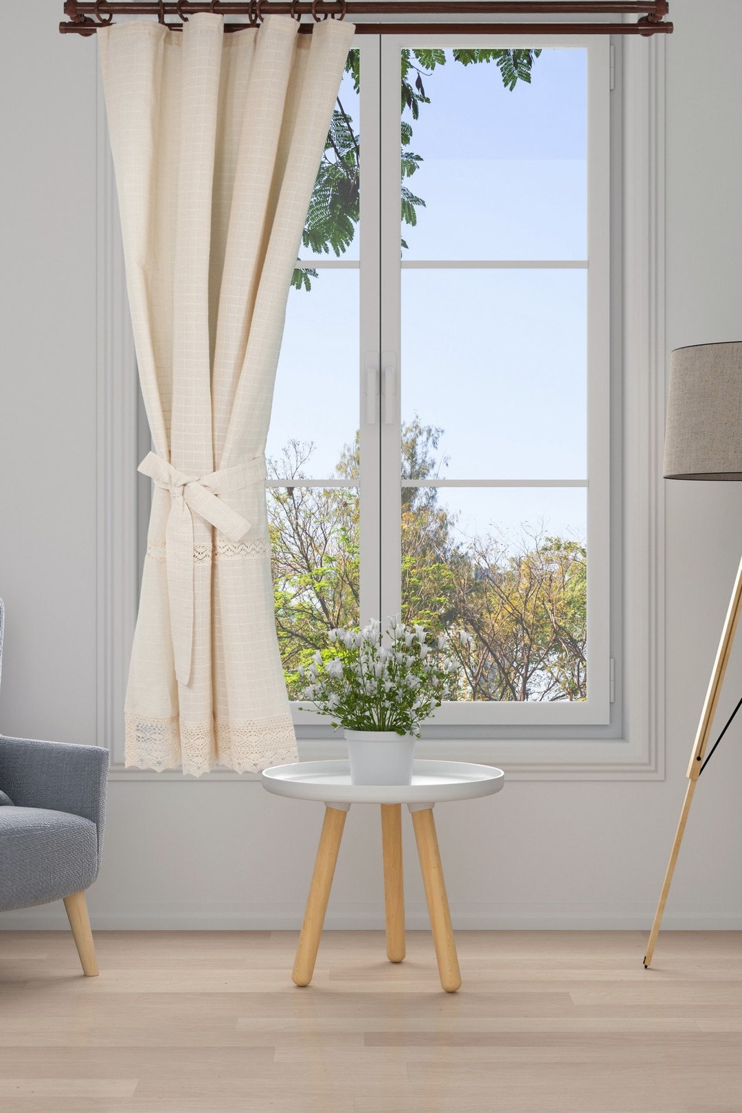 Lace Detailed Linen Curtain, Farmhouse Window Treatment, Elegant White ...