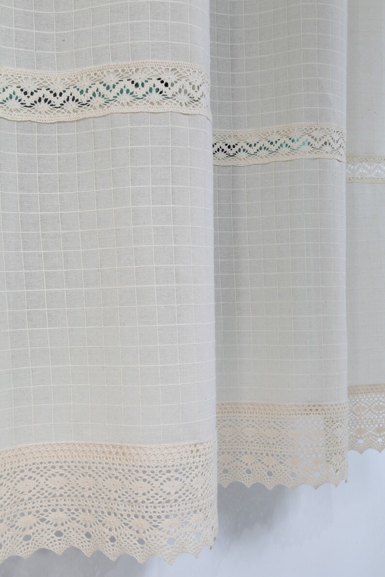 Lace Detailed Linen Curtain, Farmhouse Living Room Curtains in Linen ...