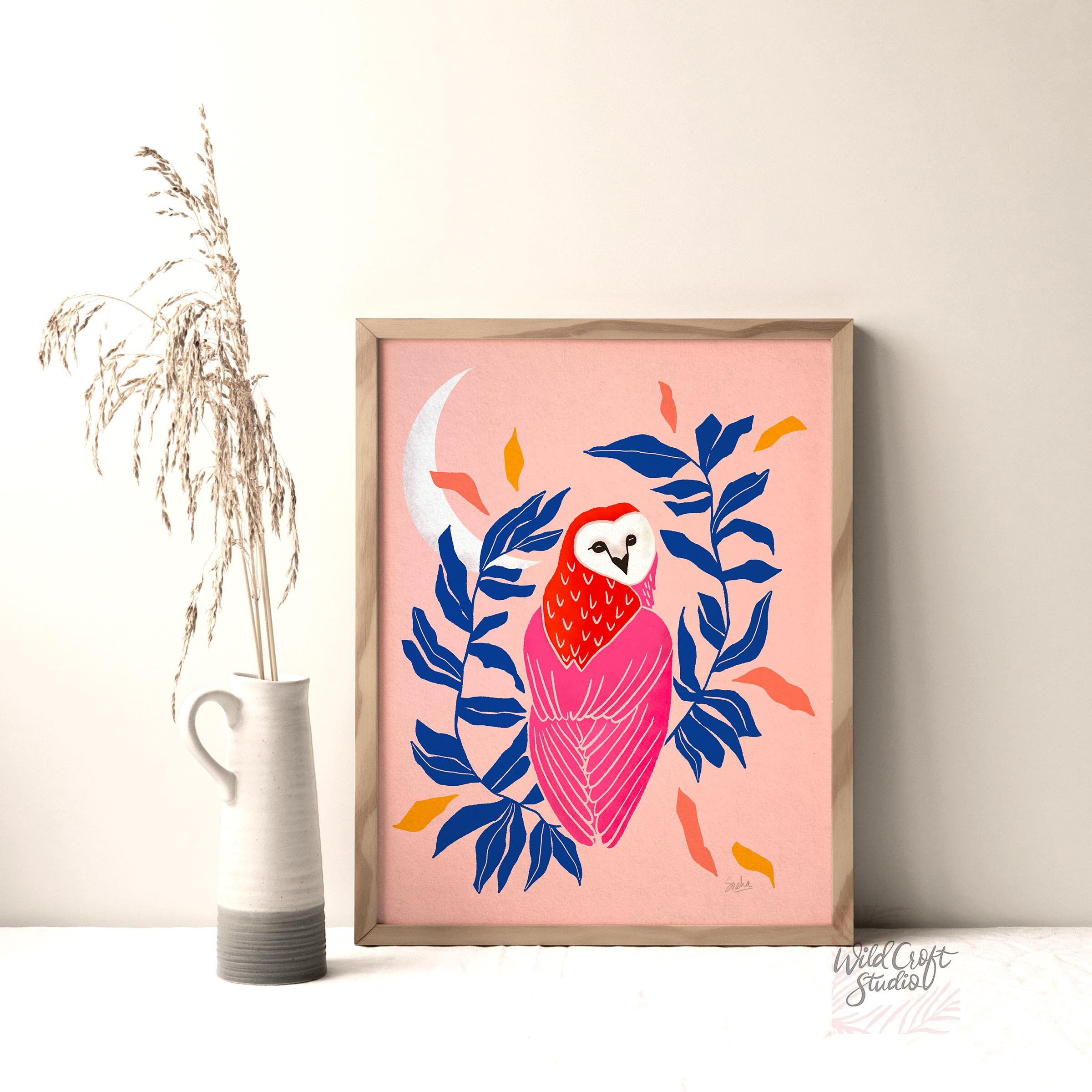 Pink, Blue Owl and Moon Art Print, Bird Wall Art, Animal Illustration ...