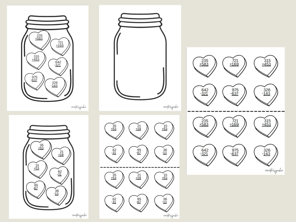 2 and 3 Digit Addition and Subtraction- Valentine Jar of Hearts - Etsy