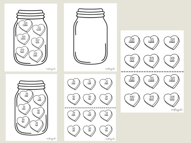 2 and 3 Digit Addition and Subtraction- Valentine Jar of Hearts - Etsy