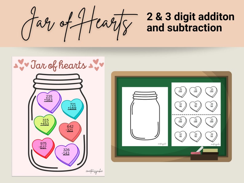 2 and 3 Digit Addition and Subtraction- Valentine Jar of Hearts - Etsy