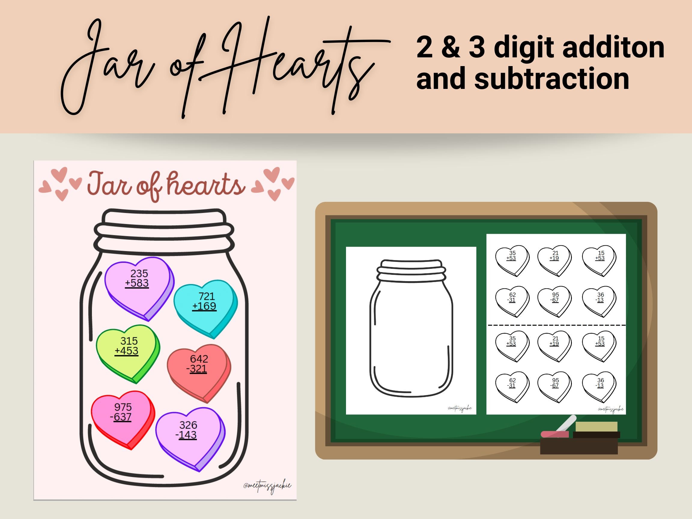 2 and 3 Digit Addition and Subtraction- Valentine Jar of Hearts - Etsy