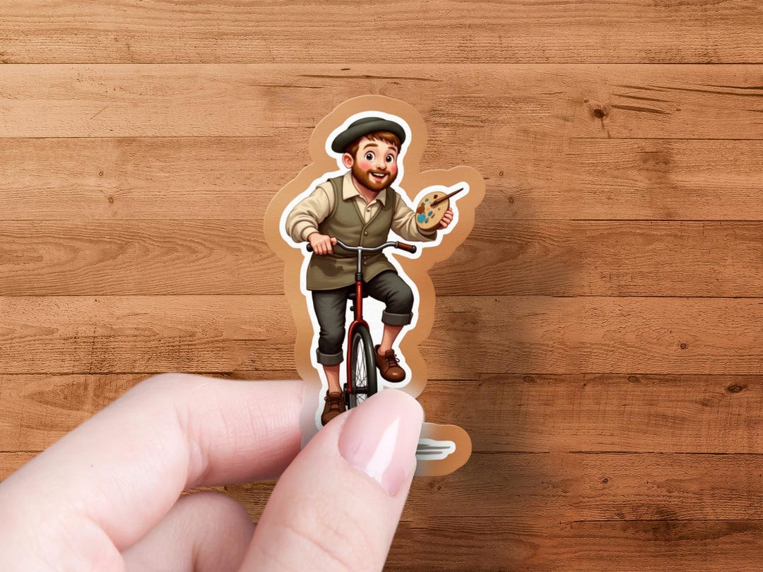 Artist on Unicycle Sticker, Funny Art Decal, Quirky Stickers, Unique ...