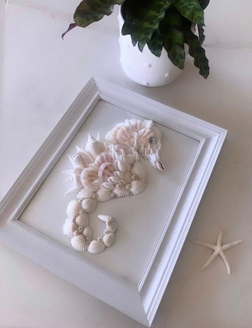 Seashell Seahorse in Frame Handmade Wall Art on Linen Decor Nautical ...