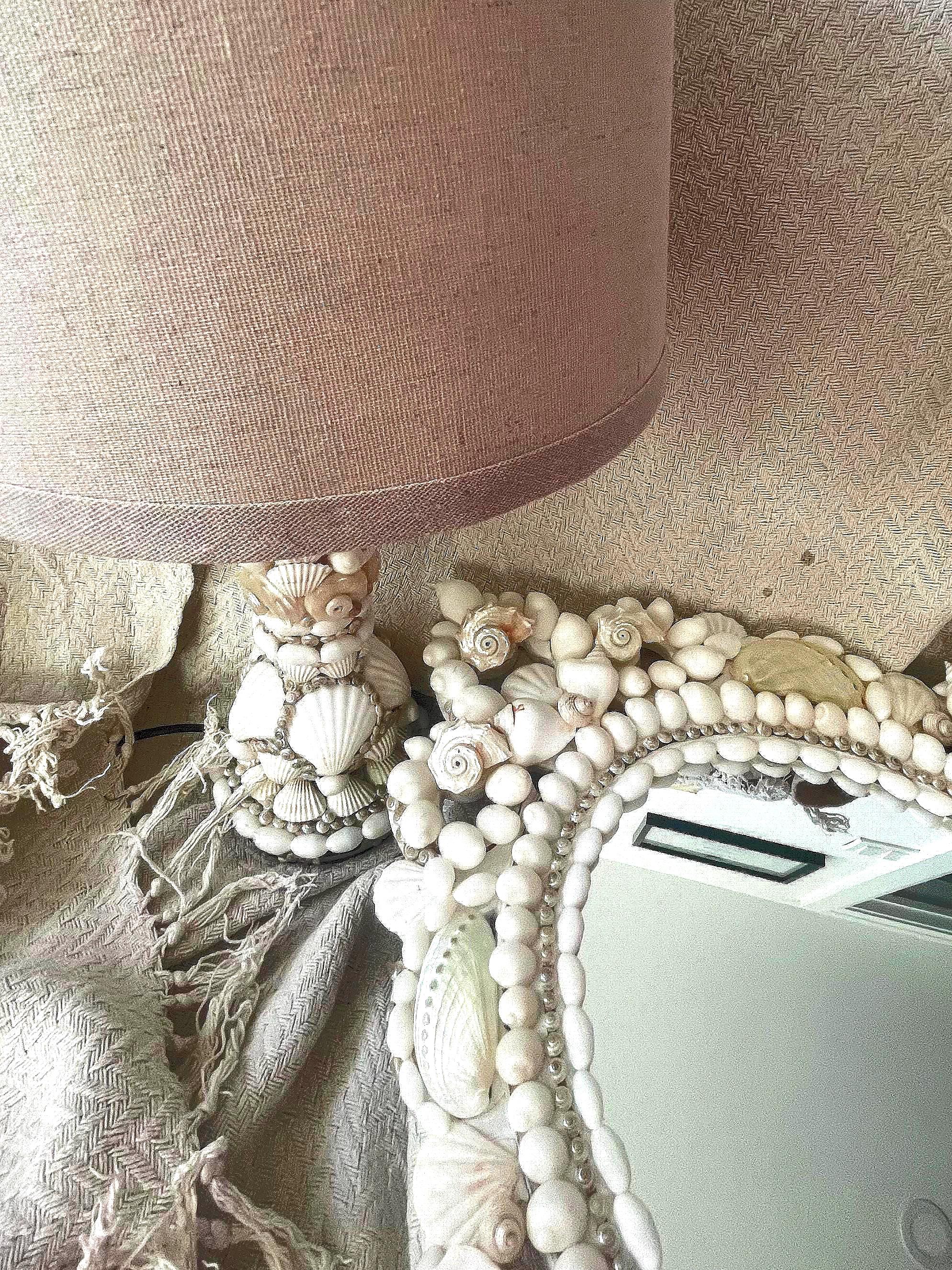 Seashell Table Lamp: Pearlized White Natural Shells, Linen Shade ...