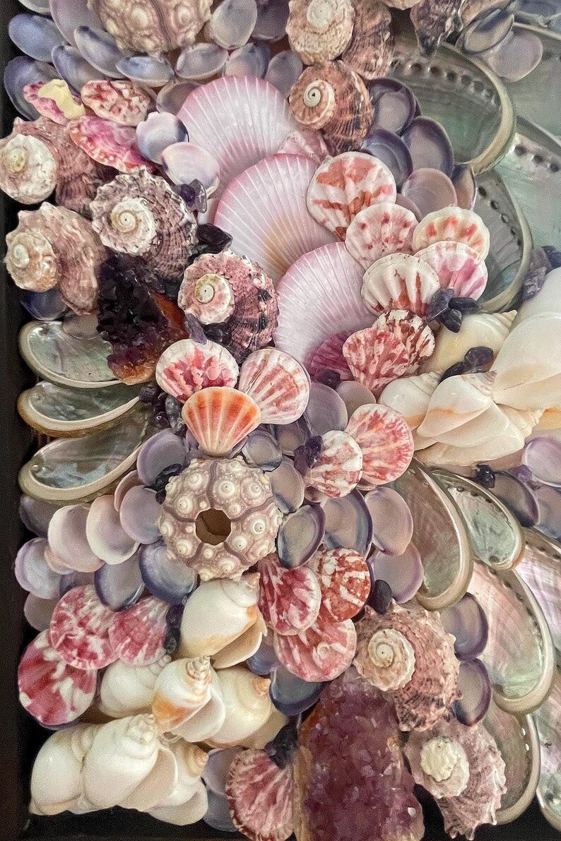 Framed Sea Shell Crystal Wall Mosaic Mermaids Garden Pink Purple Shells ...